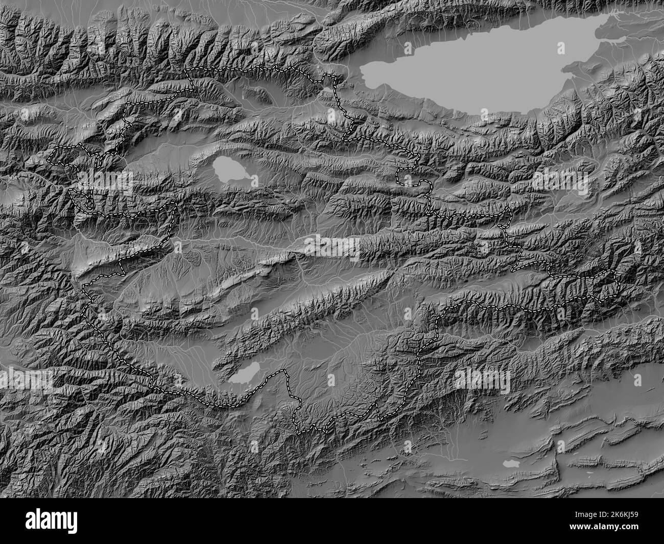 Naryn, province of Kyrgyzstan. Bilevel elevation map with lakes and ...