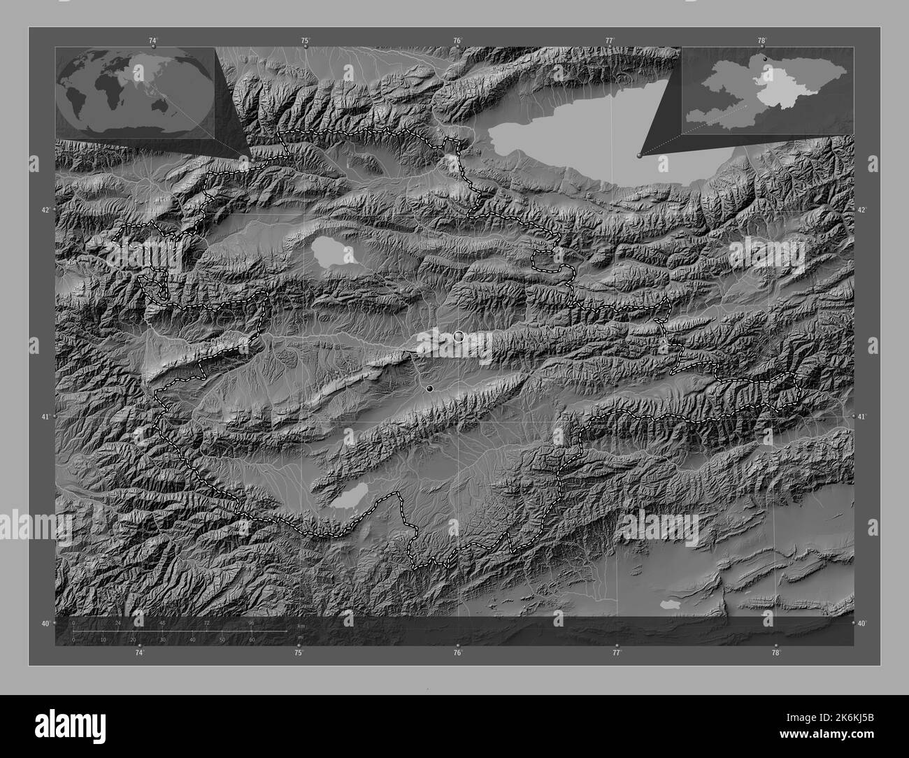 Naryn, province of Kyrgyzstan. Bilevel elevation map with lakes and ...