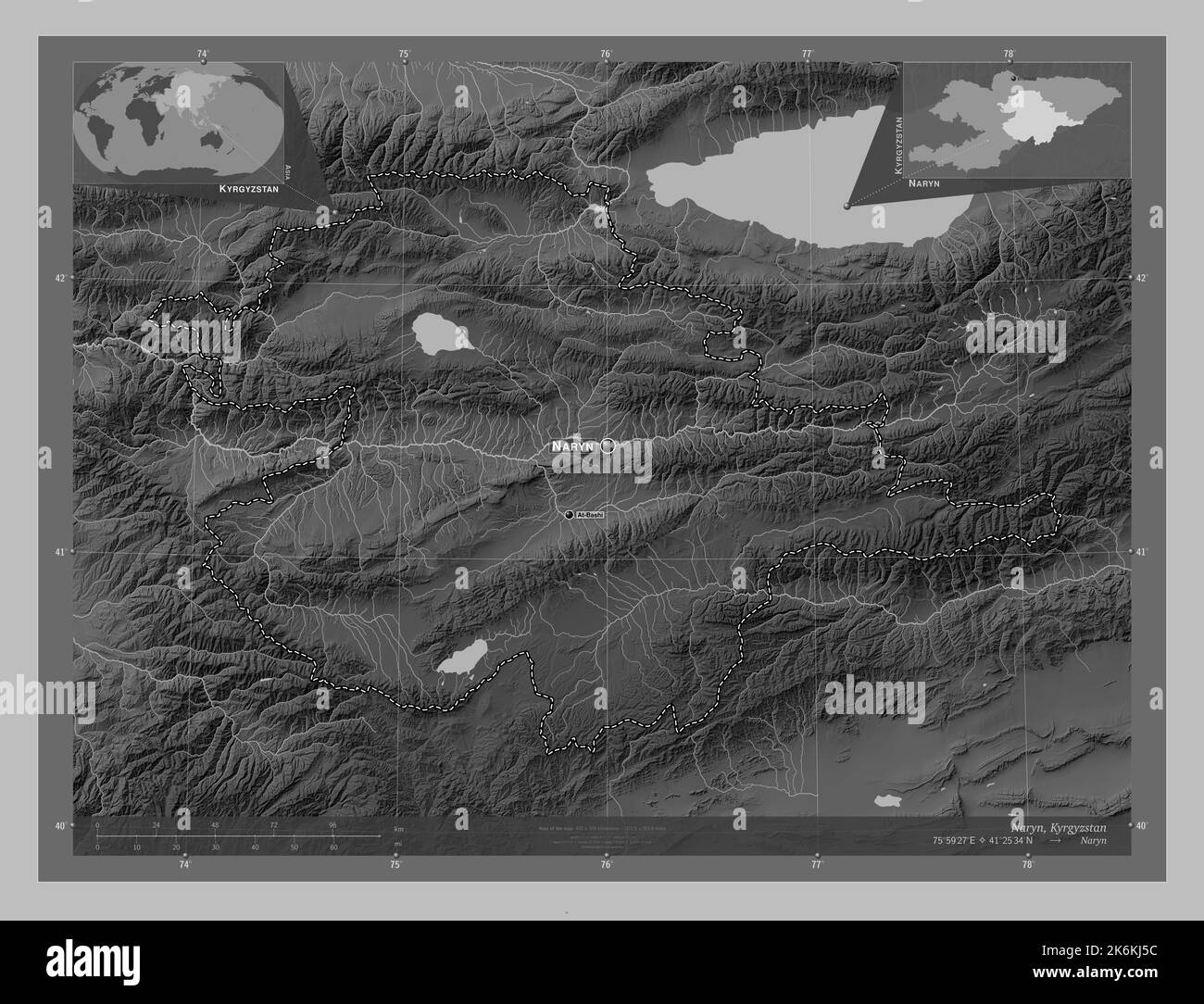 Naryn, province of Kyrgyzstan. Grayscale elevation map with lakes and ...