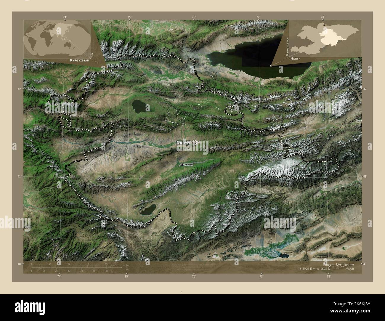Naryn, province of Kyrgyzstan. High resolution satellite map. Locations ...