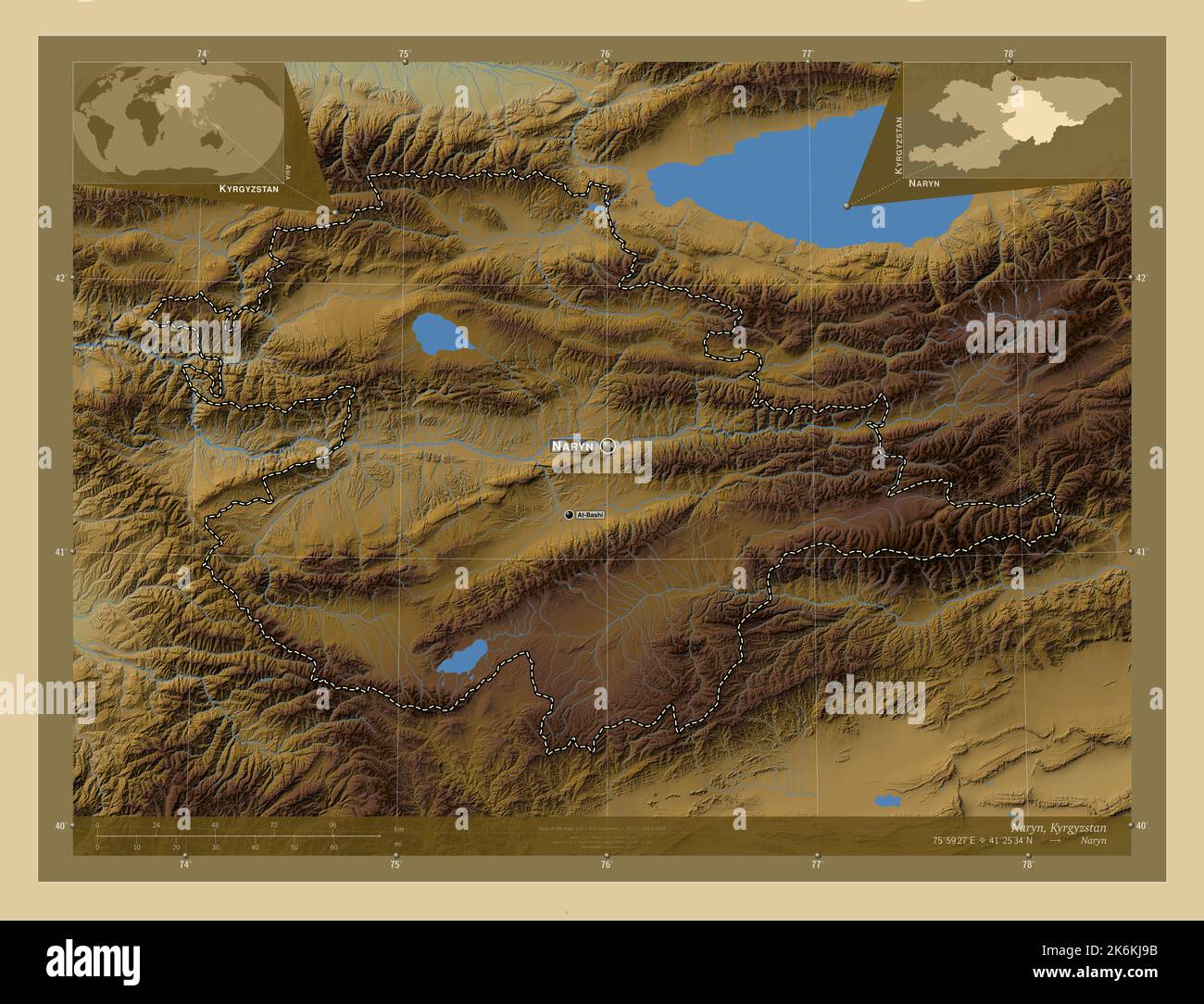 Naryn, province of Kyrgyzstan. Colored elevation map with lakes and ...