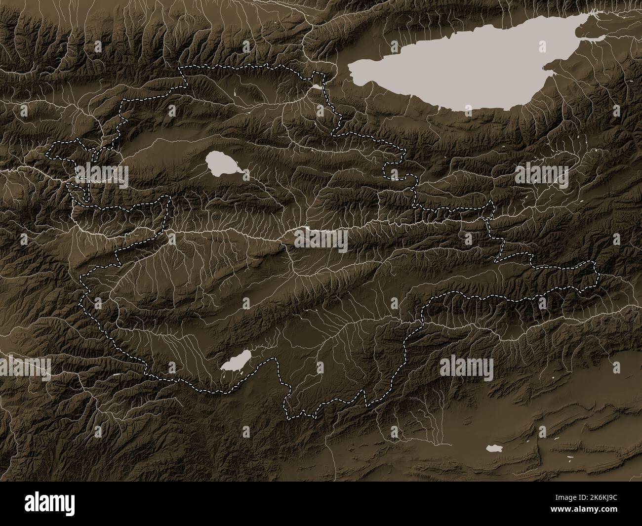 Naryn, province of Kyrgyzstan. Elevation map colored in sepia tones ...