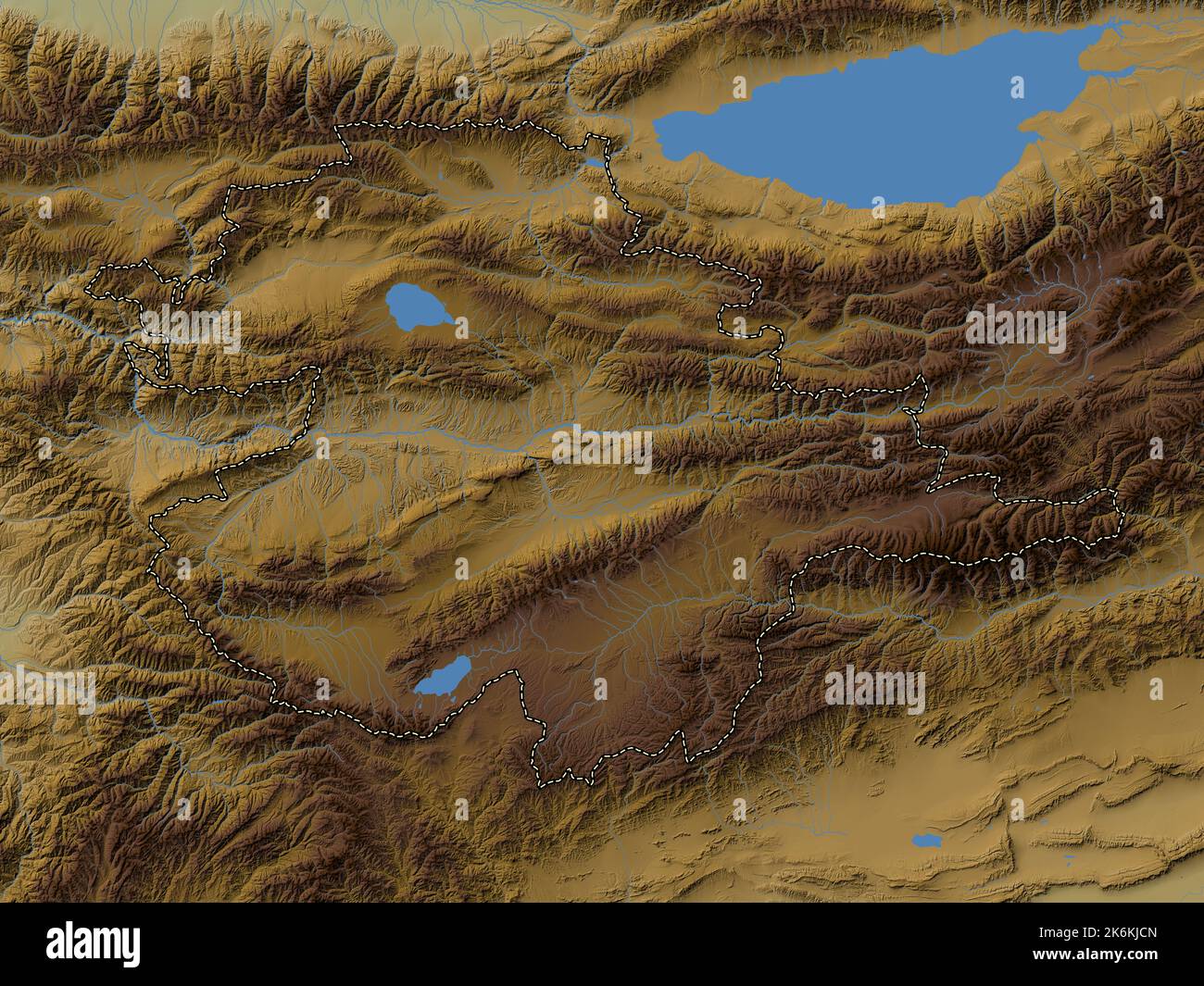 Naryn, province of Kyrgyzstan. Colored elevation map with lakes and ...