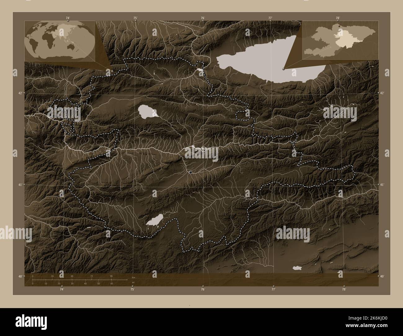 Naryn, province of Kyrgyzstan. Elevation map colored in sepia tones ...