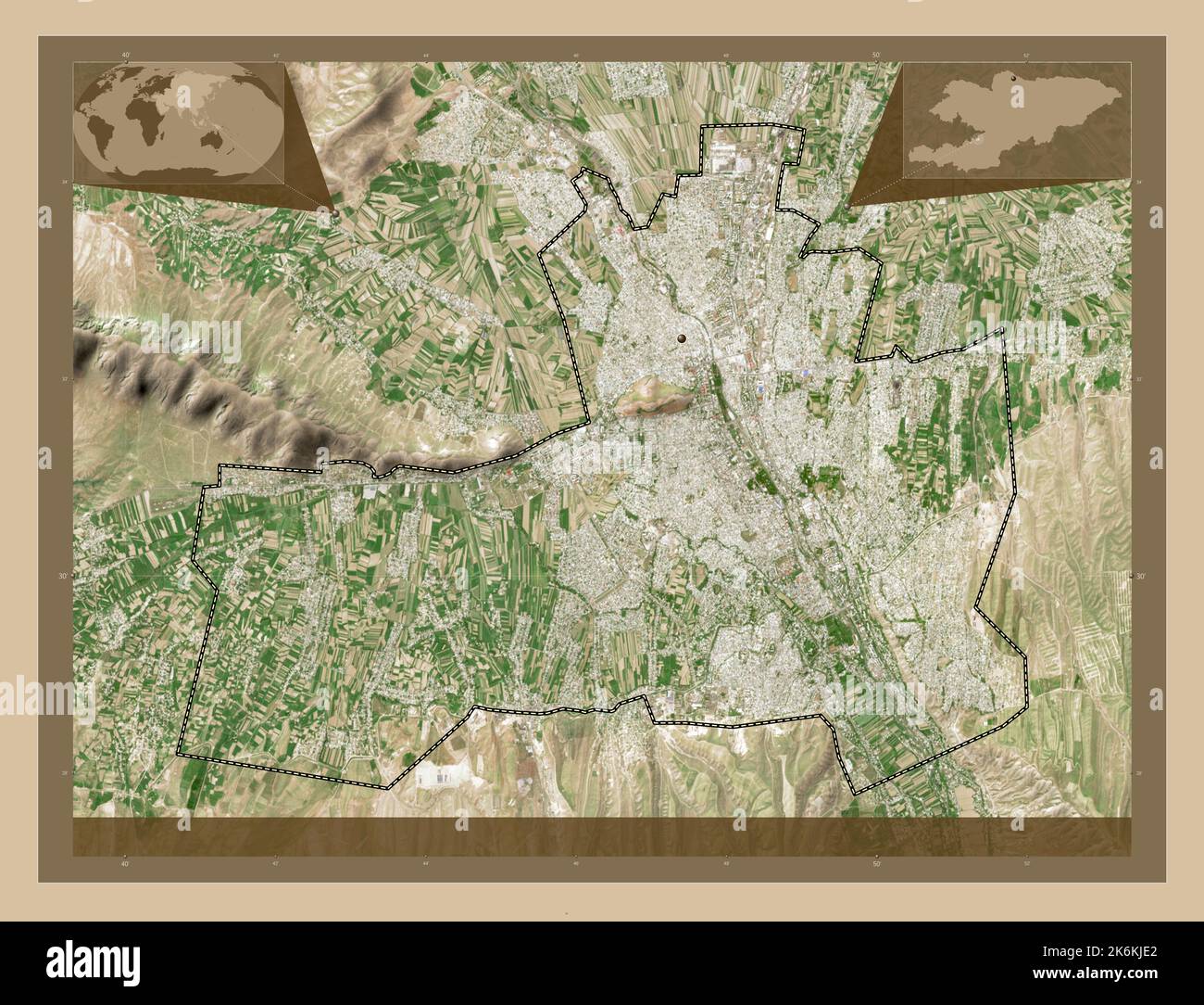 Osh City, city of Kyrgyzstan. Low resolution satellite map. Corner ...