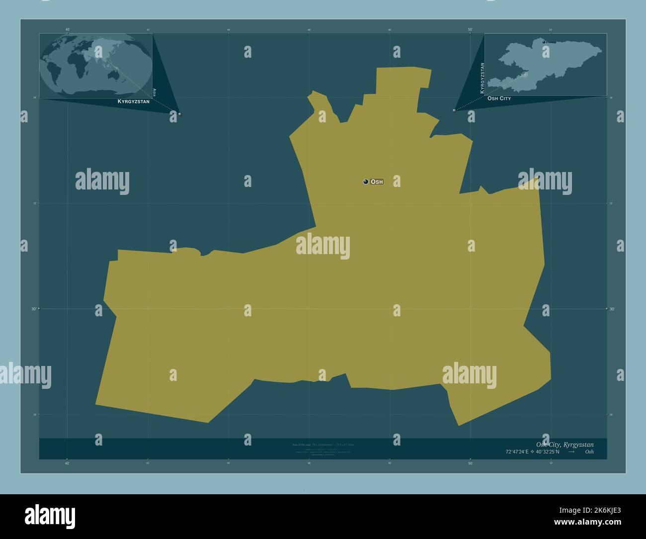 Osh City, city of Kyrgyzstan. Solid color shape. Locations and names of ...