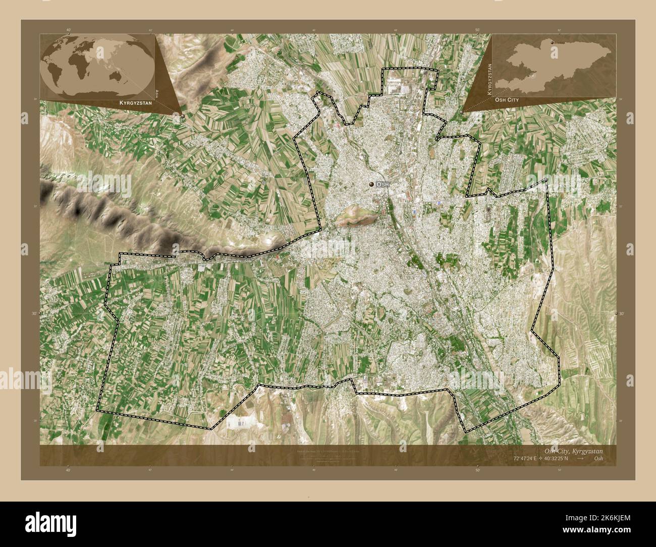 Osh City, city of Kyrgyzstan. Low resolution satellite map. Locations ...