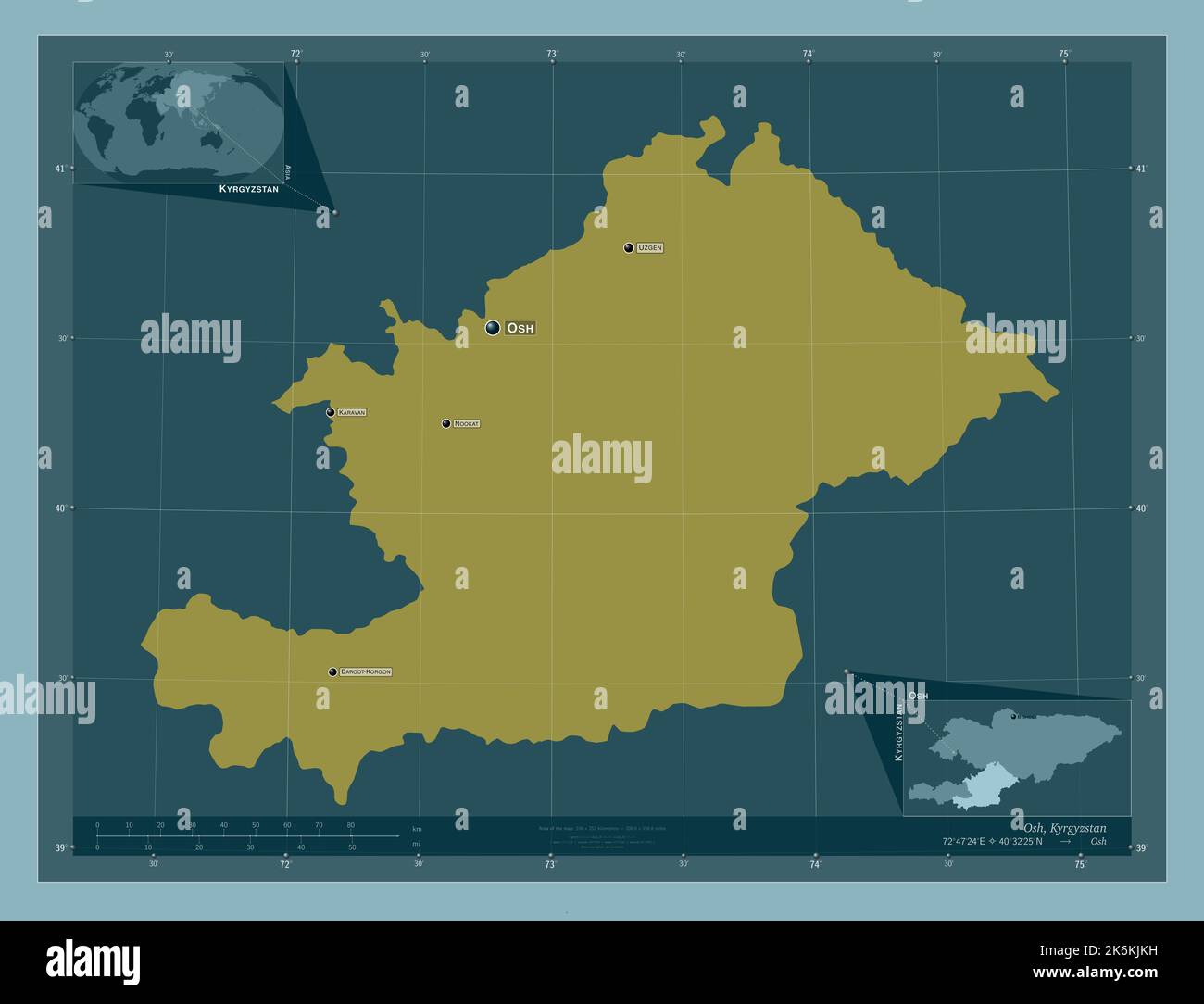Osh, city of Kyrgyzstan. Solid color shape. Locations and names of ...