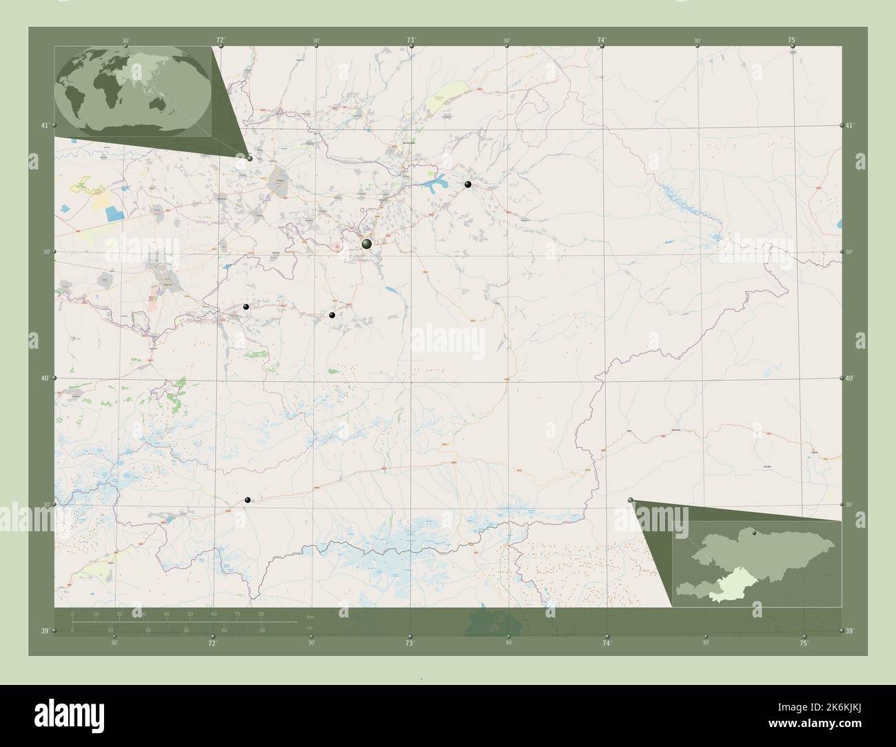 Osh, city of Kyrgyzstan. Open Street Map. Locations of major cities of ...