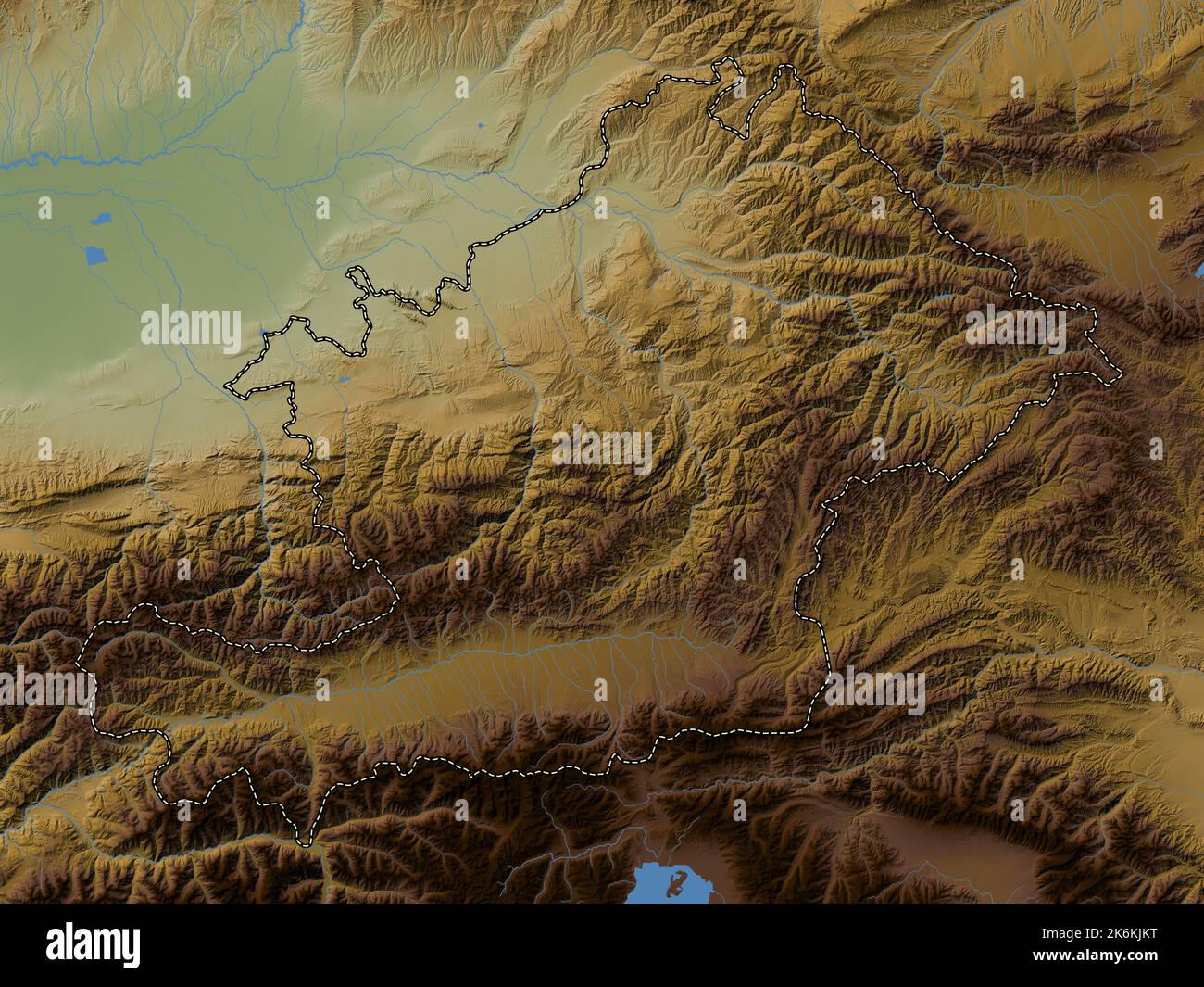 Osh, city of Kyrgyzstan. Colored elevation map with lakes and rivers ...