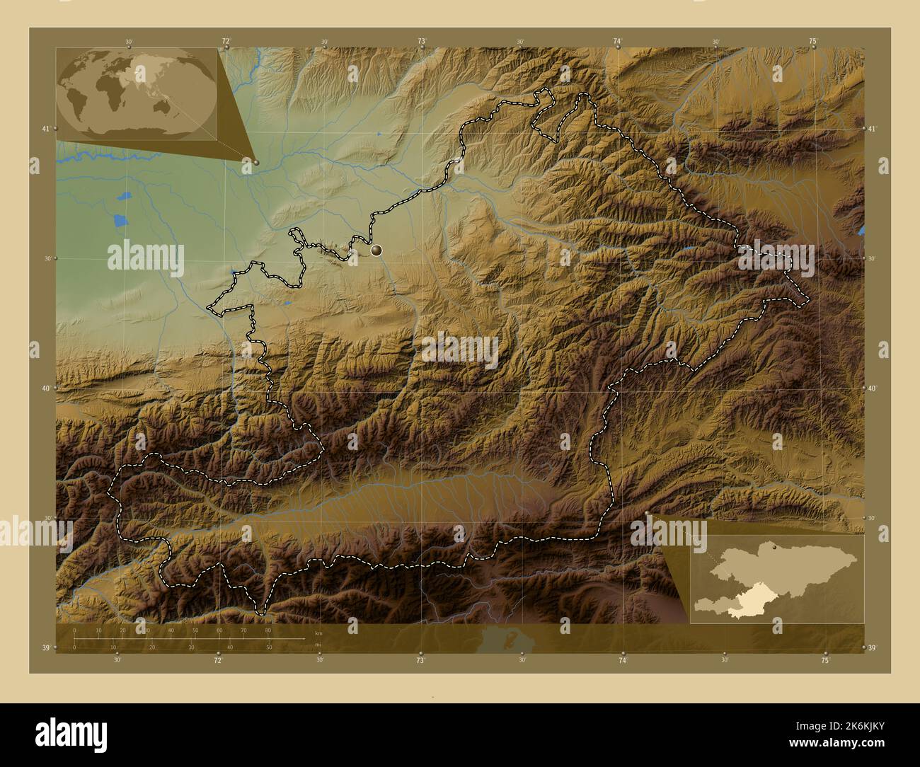 Osh, city of Kyrgyzstan. Colored elevation map with lakes and rivers ...