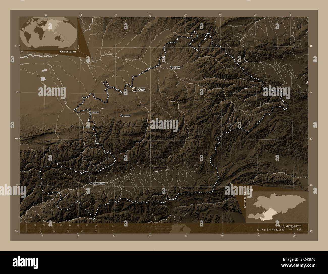 Osh, city of Kyrgyzstan. Elevation map colored in sepia tones with ...