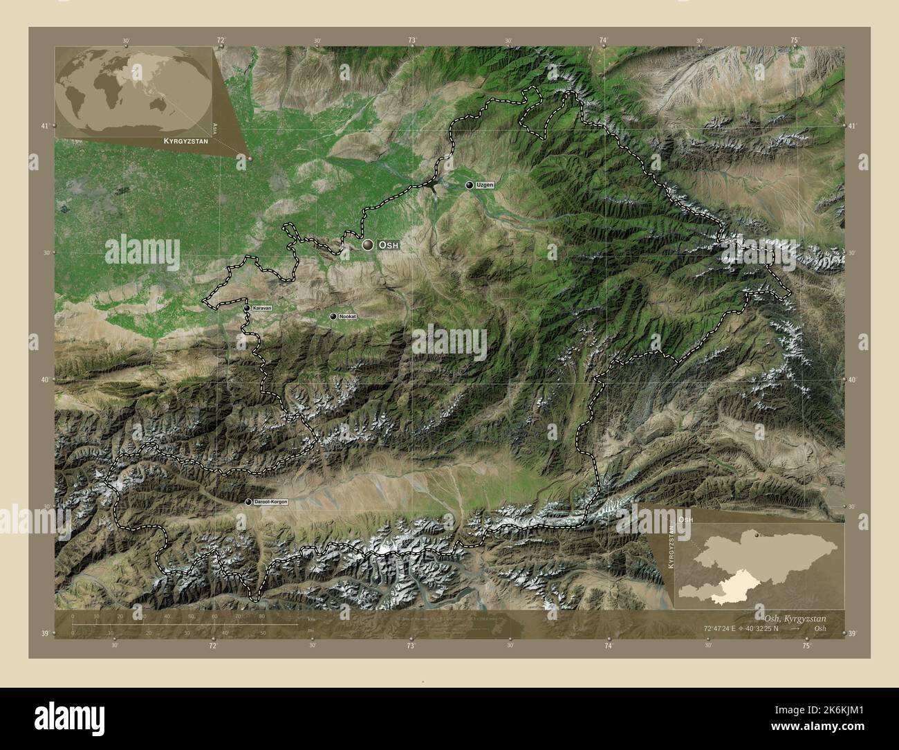 Osh, city of Kyrgyzstan. High resolution satellite map. Locations and ...