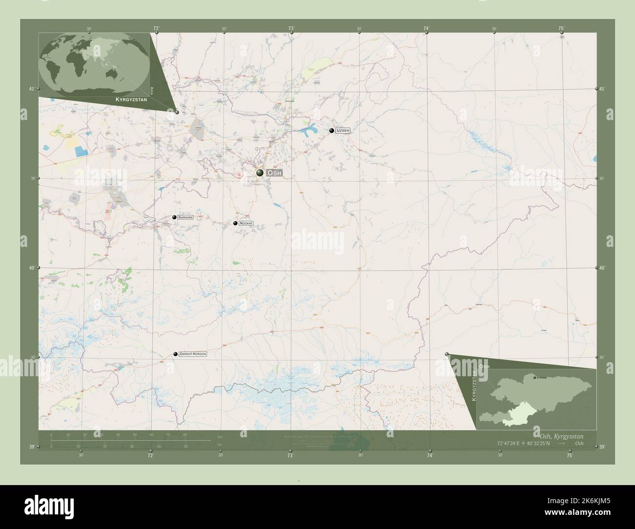 Osh, city of Kyrgyzstan. Open Street Map. Locations and names of major ...