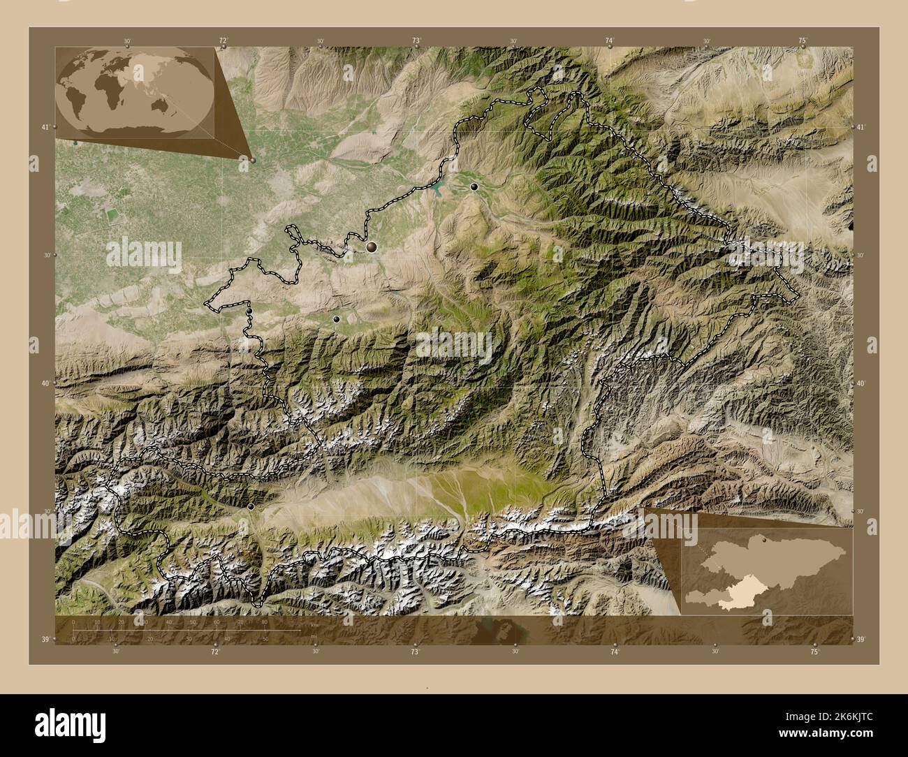 Osh, city of Kyrgyzstan. Low resolution satellite map. Locations of ...
