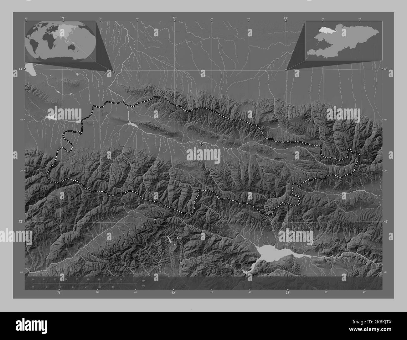 Talas, province of Kyrgyzstan. Grayscale elevation map with lakes and ...