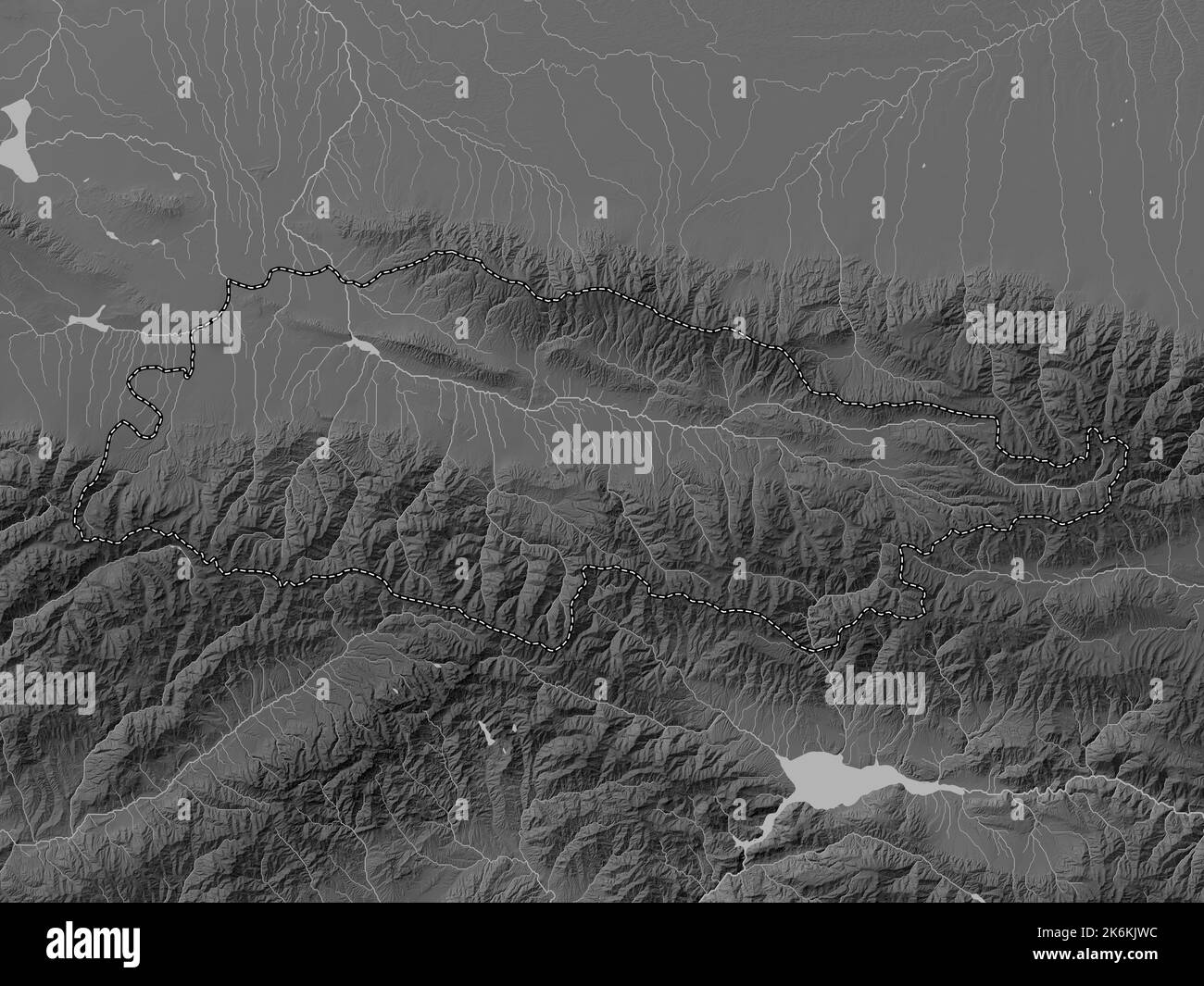 Talas, province of Kyrgyzstan. Grayscale elevation map with lakes and ...