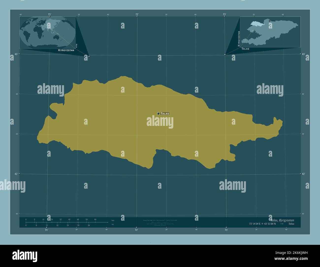 Talas, province of Kyrgyzstan. Solid color shape. Locations and names ...
