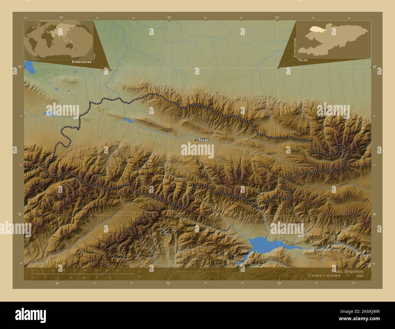 Talas, province of Kyrgyzstan. Colored elevation map with lakes and ...
