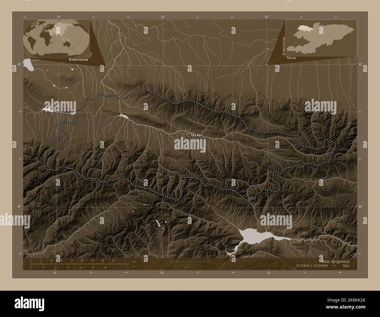Talas, province of Kyrgyzstan. Elevation map colored in sepia tones ...
