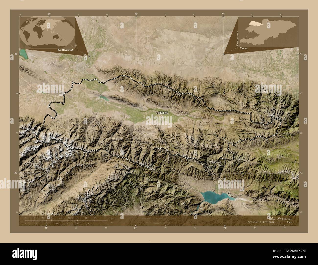 Talas, province of Kyrgyzstan. Low resolution satellite map. Locations ...