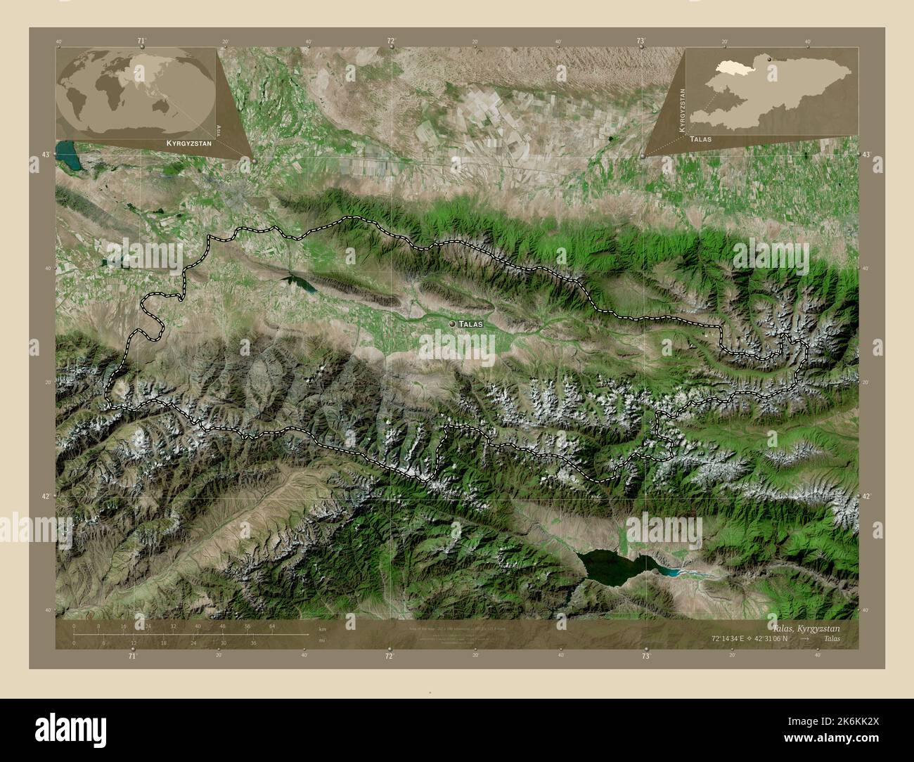 Talas, province of Kyrgyzstan. High resolution satellite map. Locations ...