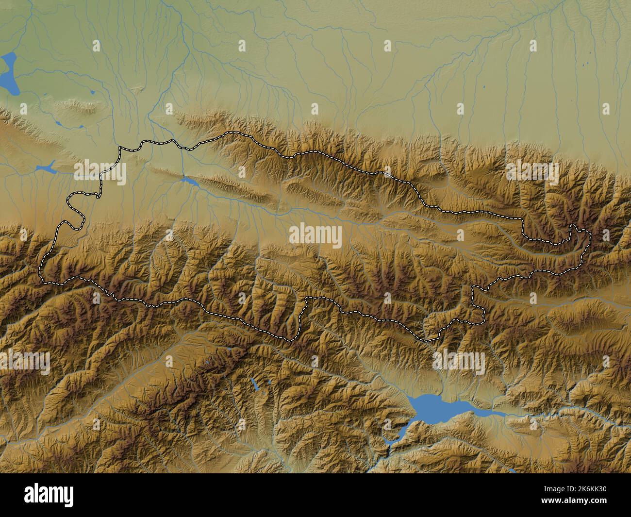 Talas, province of Kyrgyzstan. Colored elevation map with lakes and ...