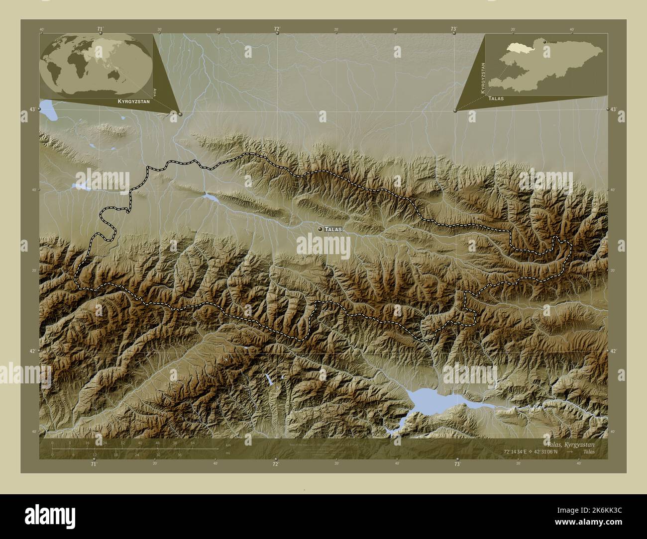 Talas, province of Kyrgyzstan. Elevation map colored in wiki style with ...
