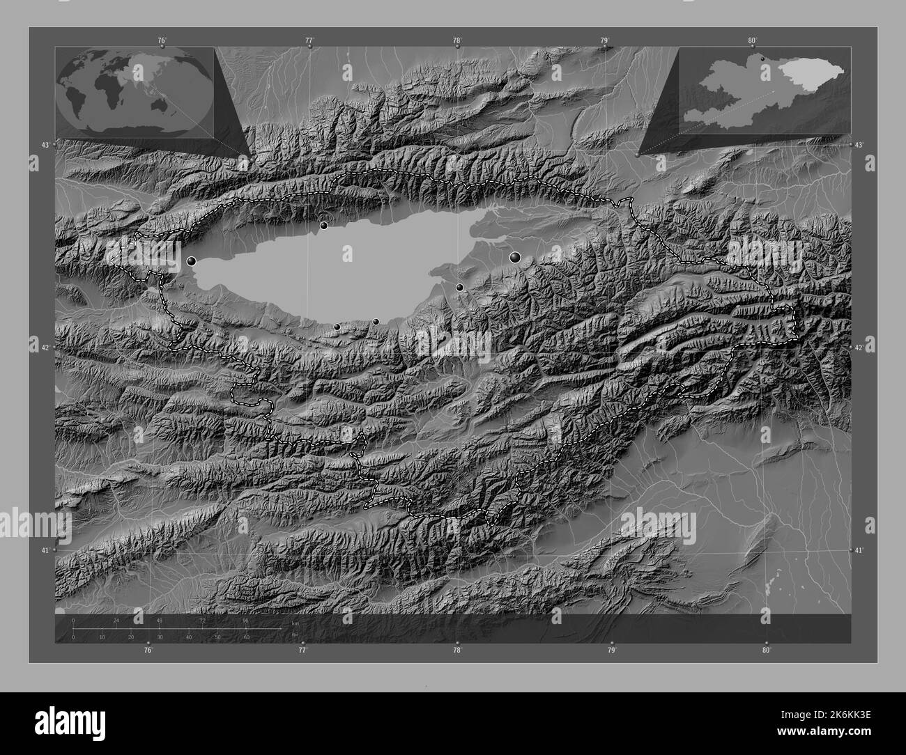 Ysyk-Kol, province of Kyrgyzstan. Bilevel elevation map with lakes and ...