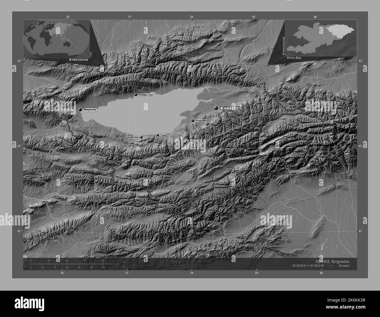 Ysyk-Kol, province of Kyrgyzstan. Bilevel elevation map with lakes and ...