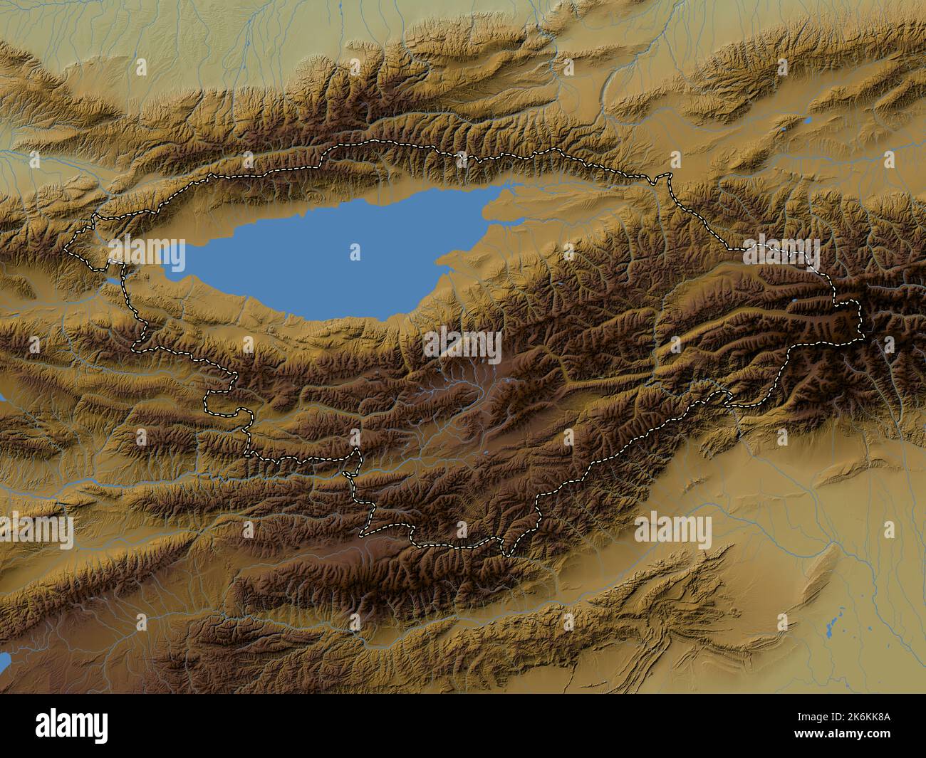 Ysyk-Kol, province of Kyrgyzstan. Colored elevation map with lakes and ...