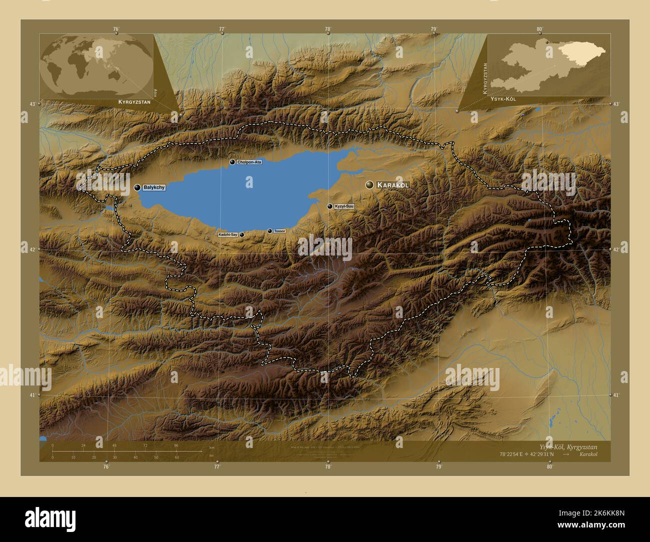 Ysyk-Kol, province of Kyrgyzstan. Colored elevation map with lakes and ...