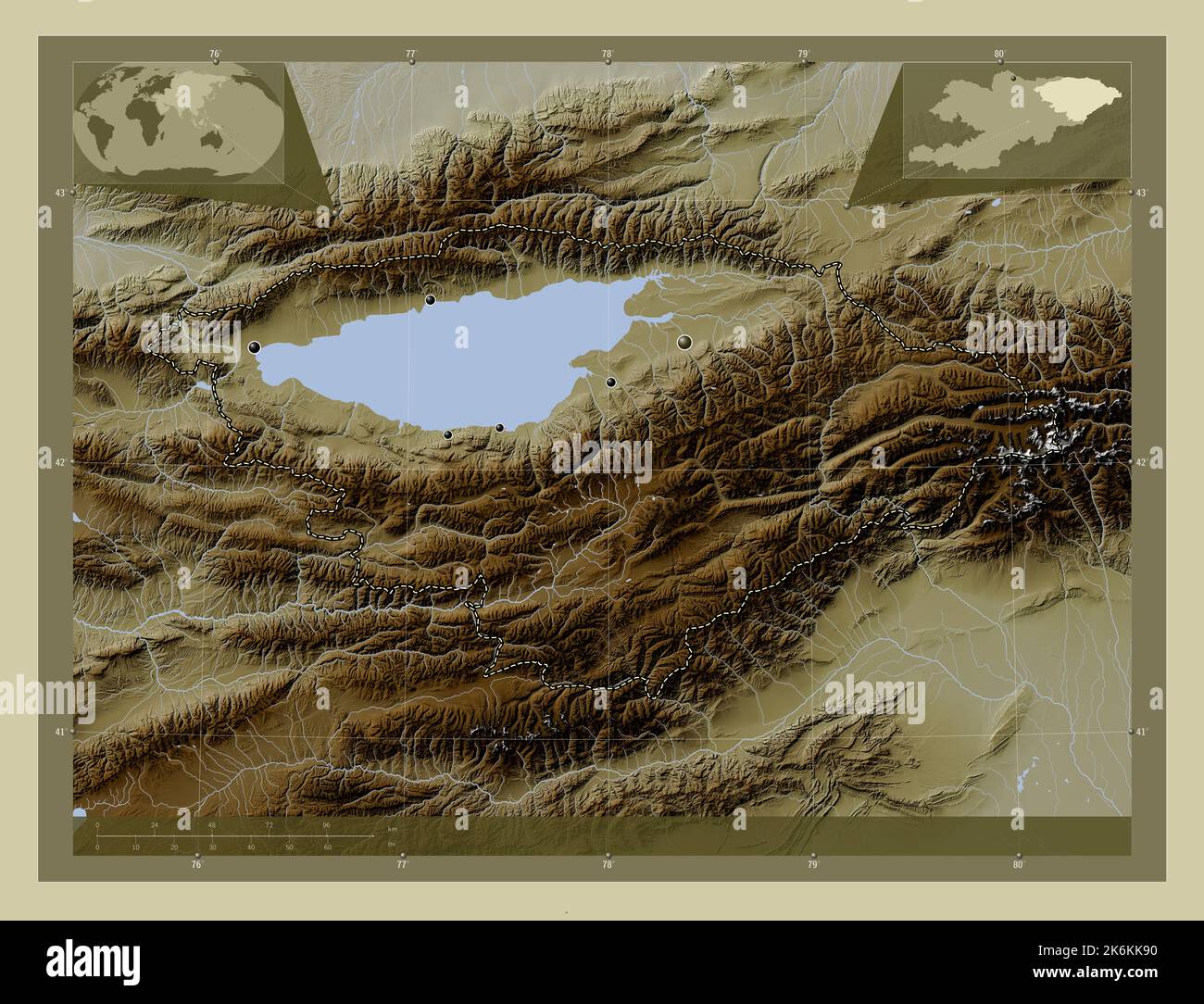 Ysyk-Kol, province of Kyrgyzstan. Elevation map colored in wiki style ...