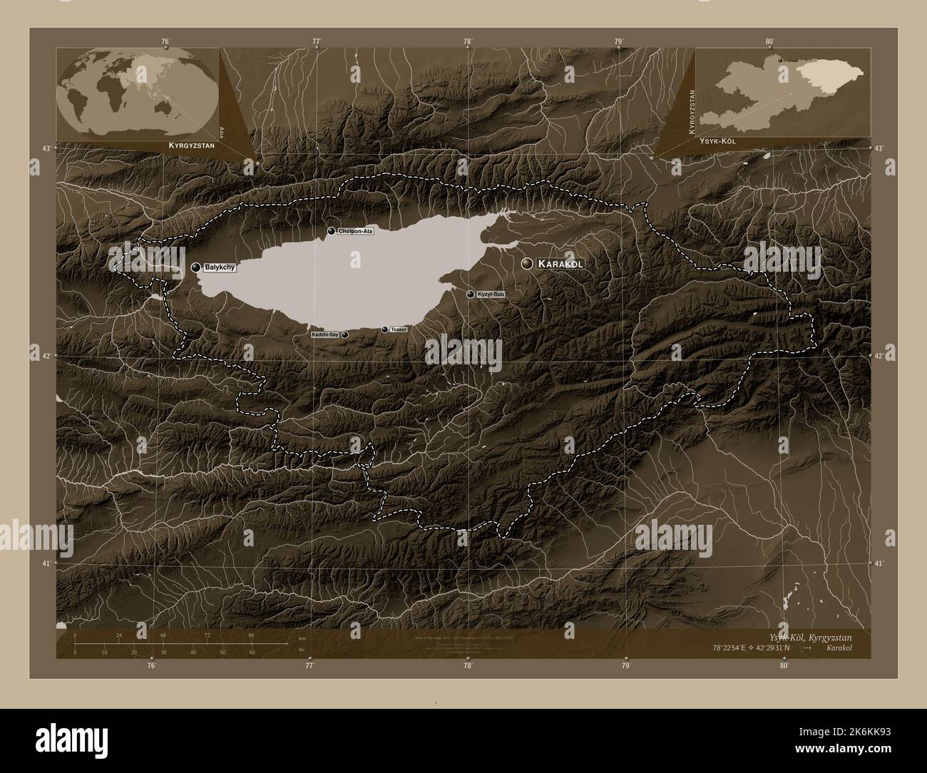 Ysyk-Kol, province of Kyrgyzstan. Elevation map colored in sepia tones ...