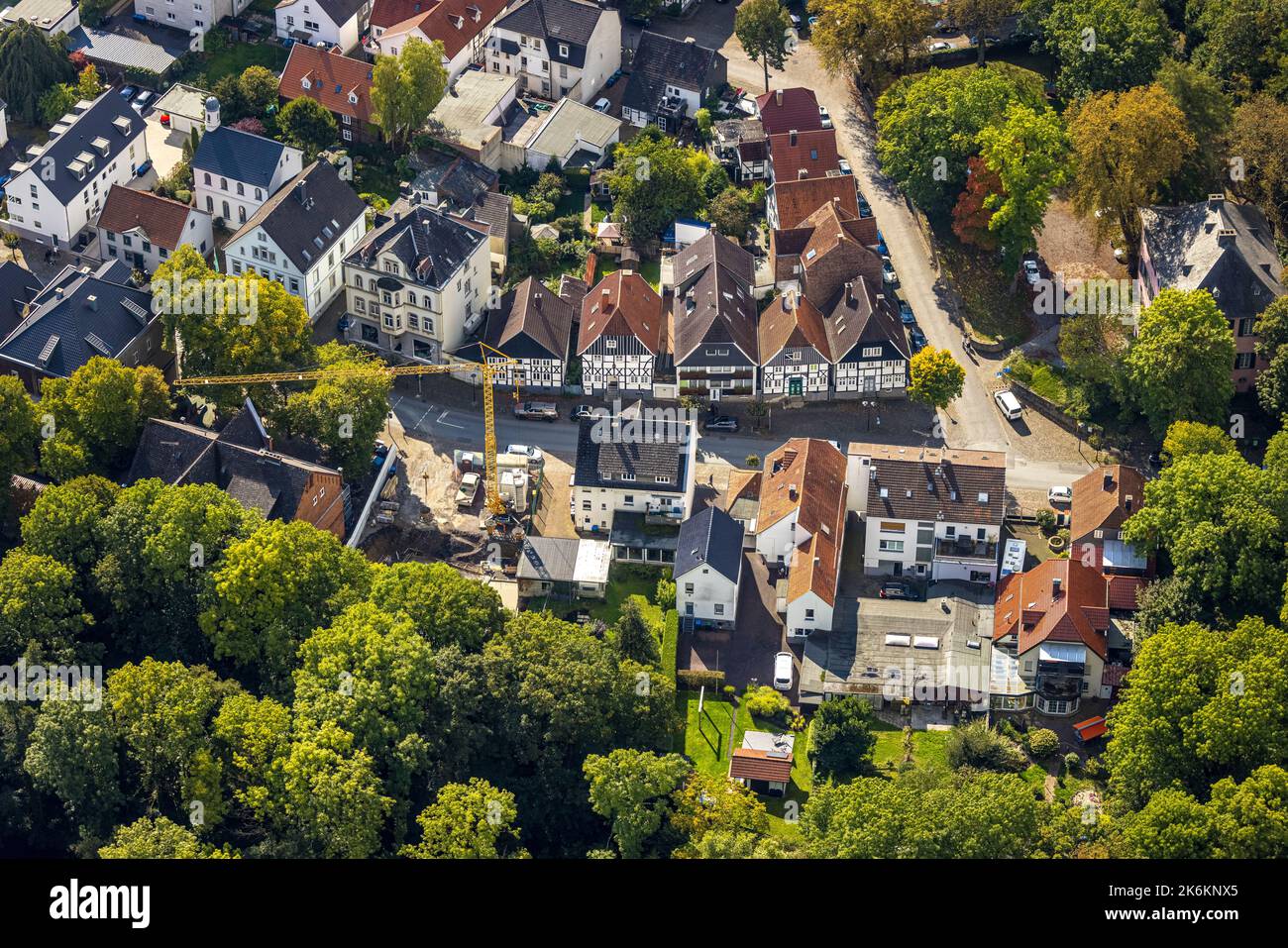 Aerial view, construction site, half-timbered houses, Mendener Straße ...