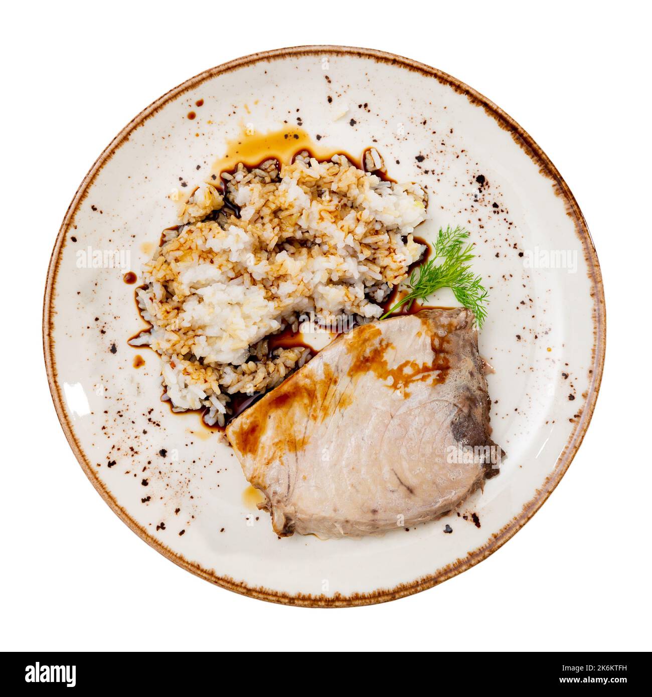 Baked tuna steak with unagi sauce served with white rice Stock Photo ...