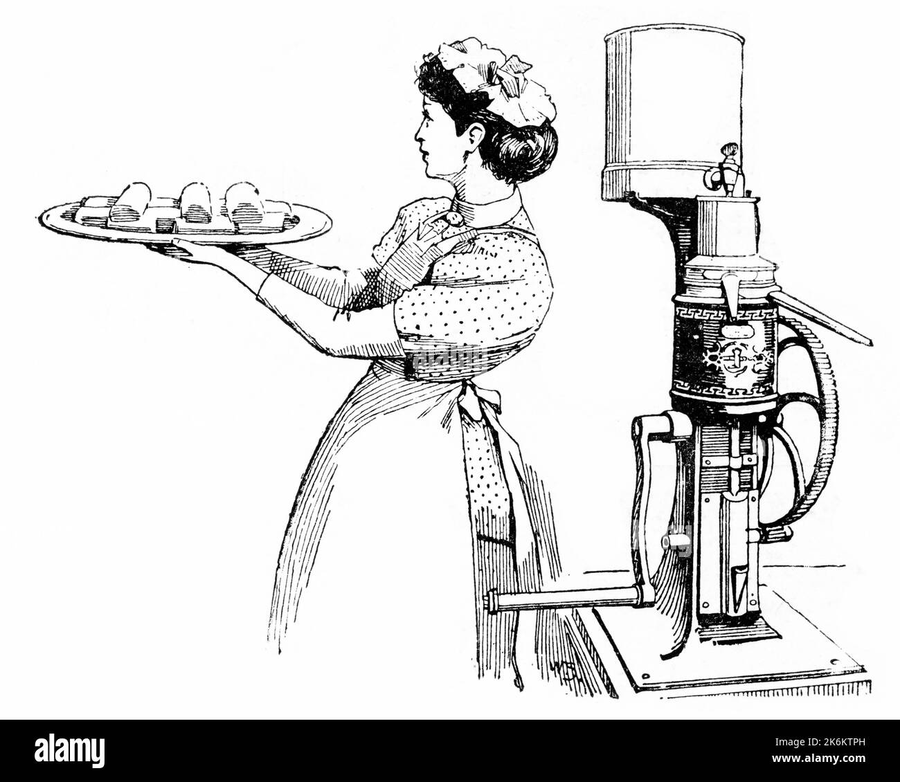 Engraving of a 19th century manually operated cream separator and a ...