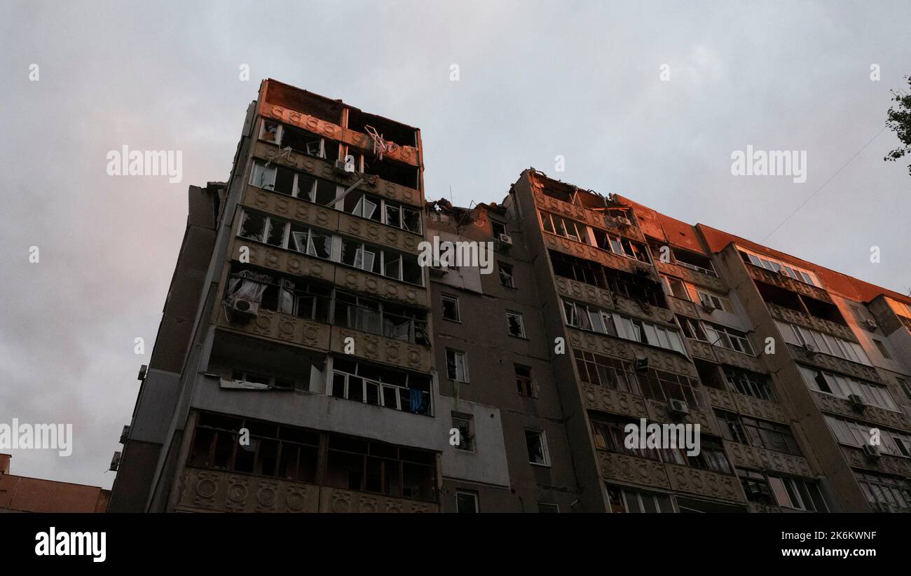 An apartment building sits destroyed after a missile strike Stock Photo ...