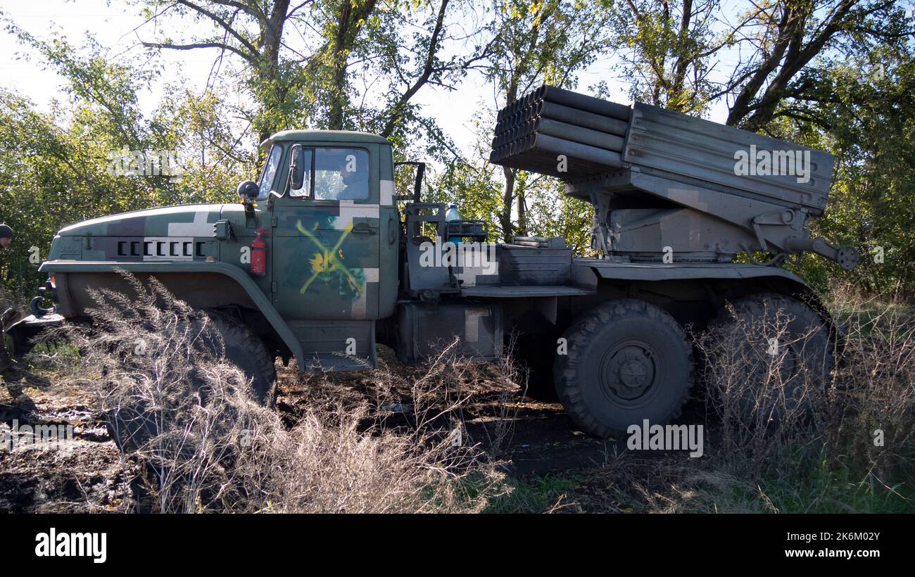 Ukrainian grad missile launcher waits to be deployed outside the city ...