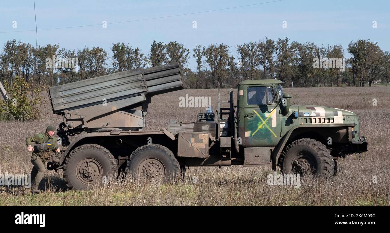Ukrainian grad missile launcher prepares to fire outside the city Stock ...