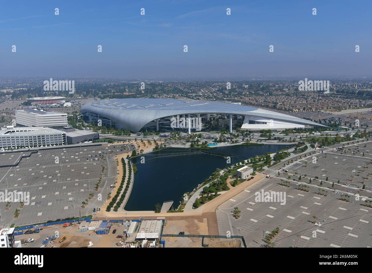 A general overall aerial view of SoFi Stadium and Lake Park, Thursday ...