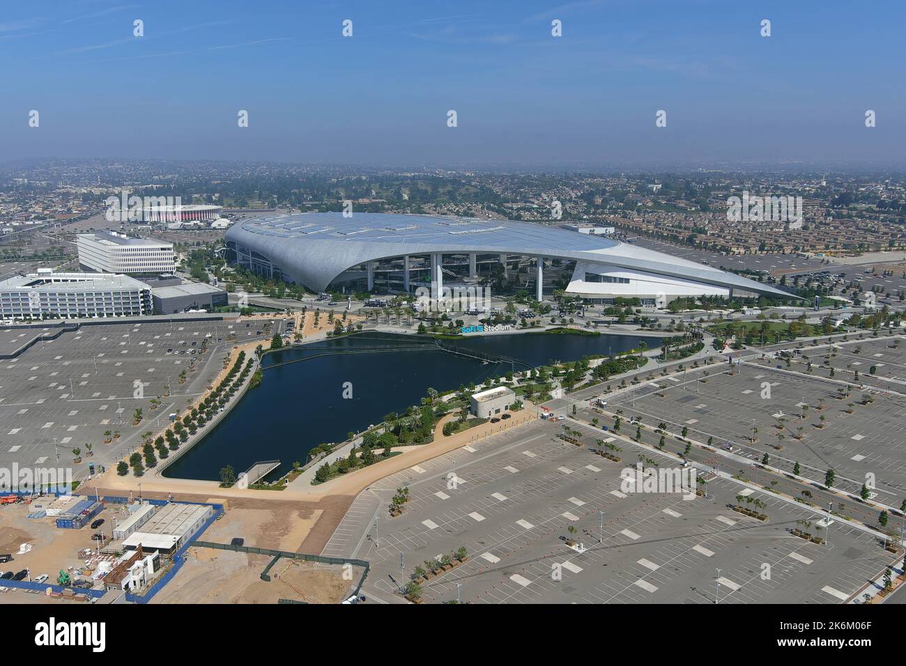 A general overall aerial view of SoFi Stadium and Lake Park, Thursday ...