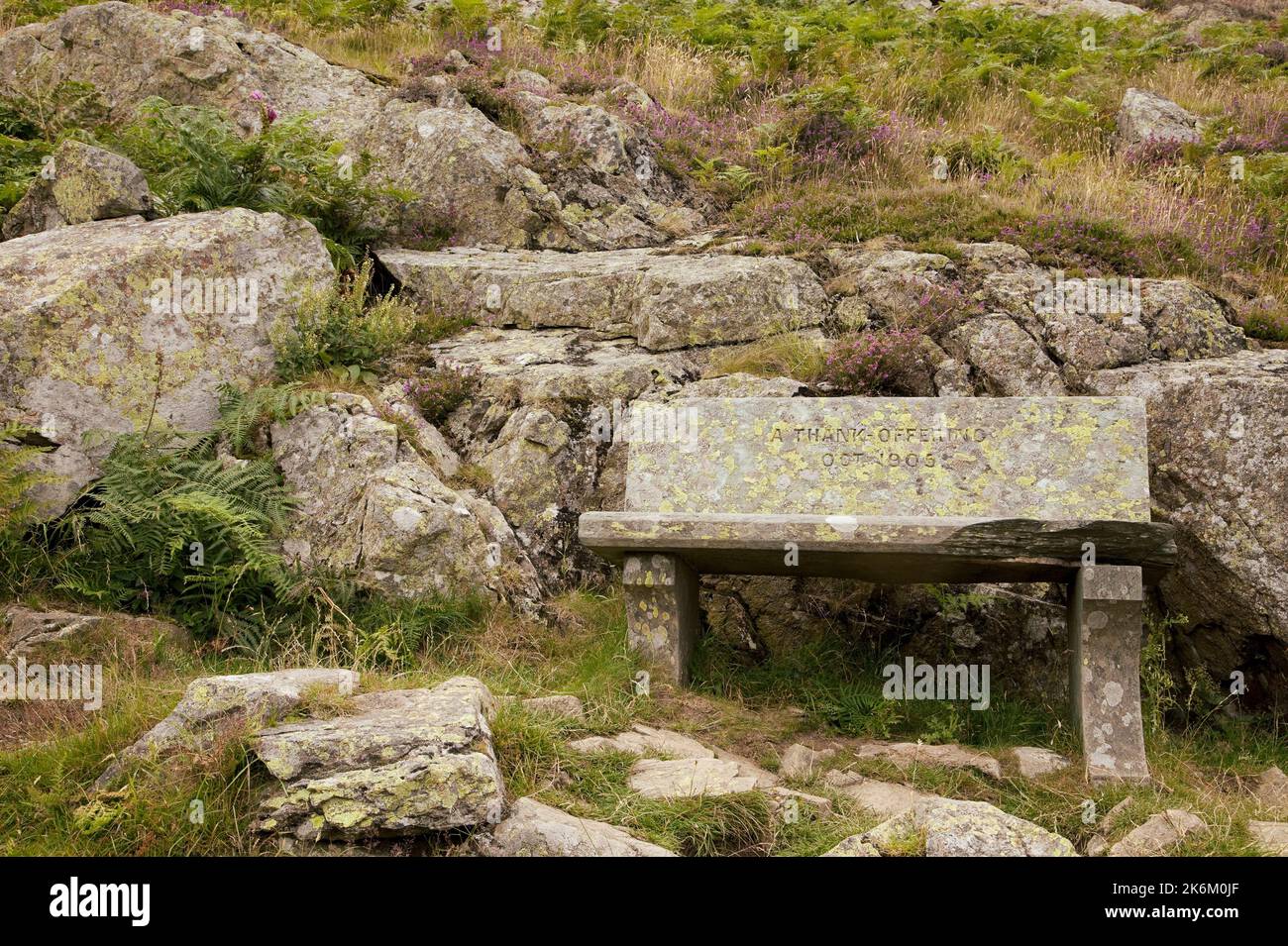 A stone bench on Gowbarrow Fell, in the English Lake District Stock ...