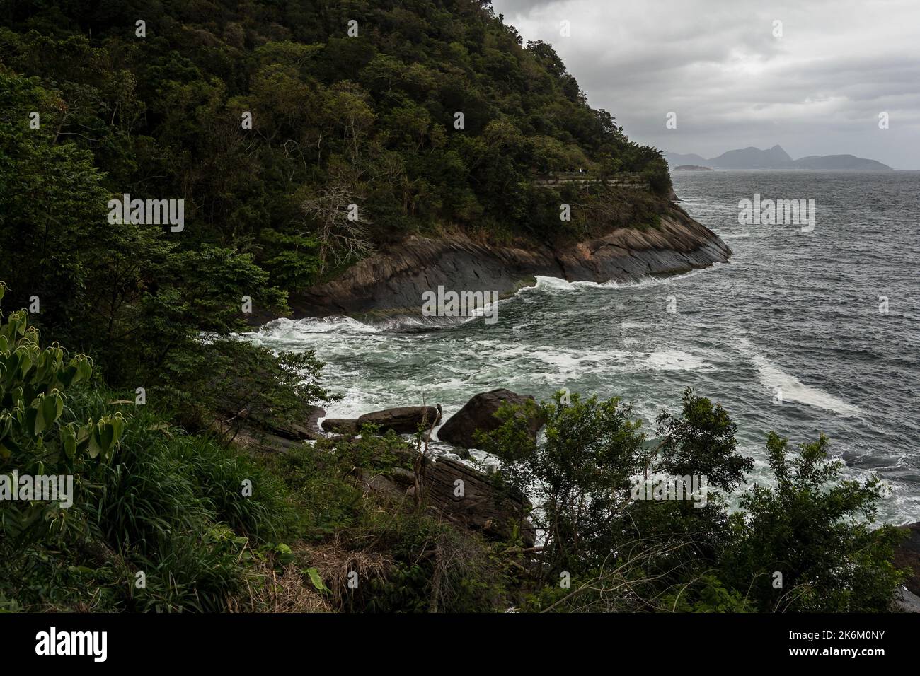 Praia Vermelha beach rocky coastline covered by Atlantic forest dense ...