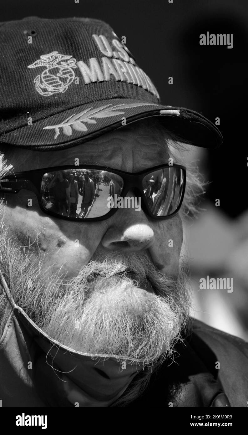 An elderly American U.S. Marine Corps veteran with a beard in Santa Fe ...