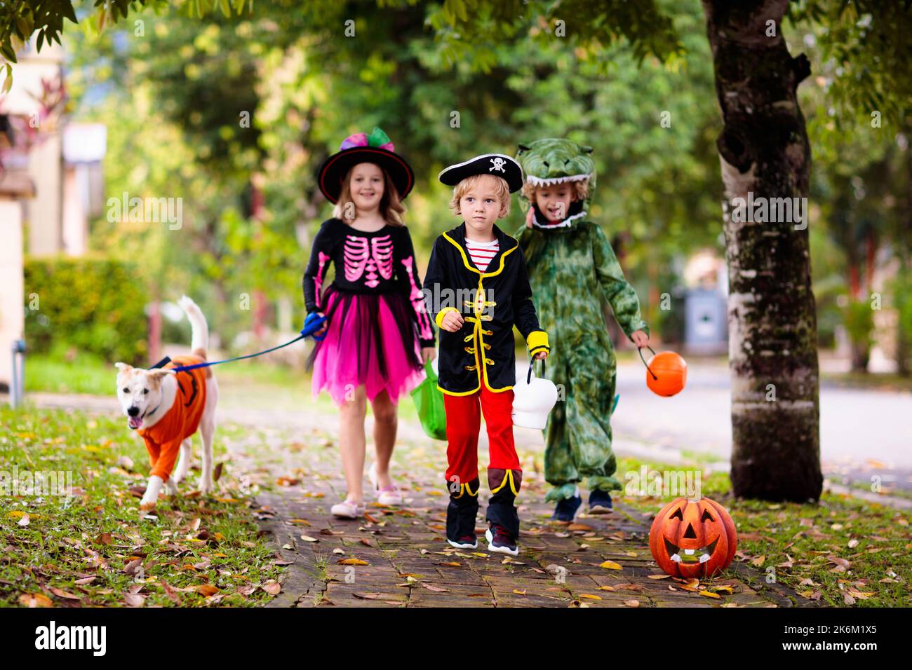Kids trick or treat in Halloween costume. Children in colorful dress up ...