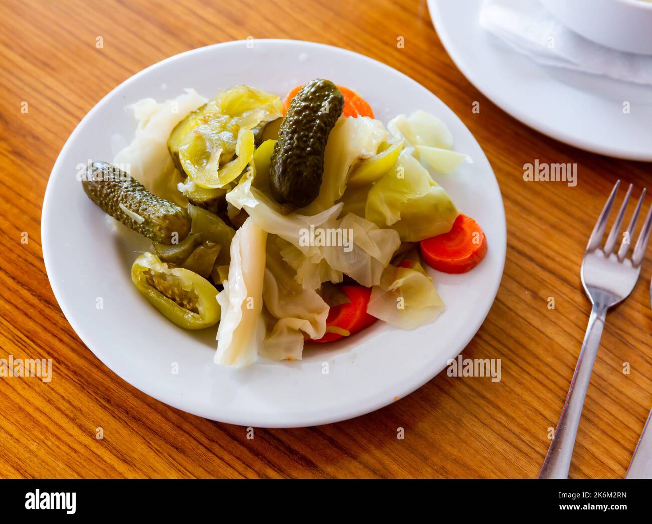 Turkish pickles made with cucumber, cabbage and carrots closeup Stock ...