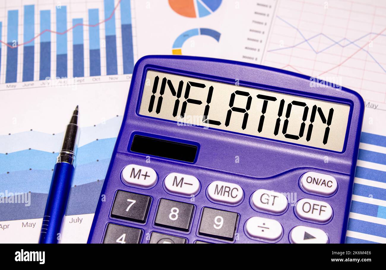 INFLATION word on calculator in idea for FED consider interest rate ...