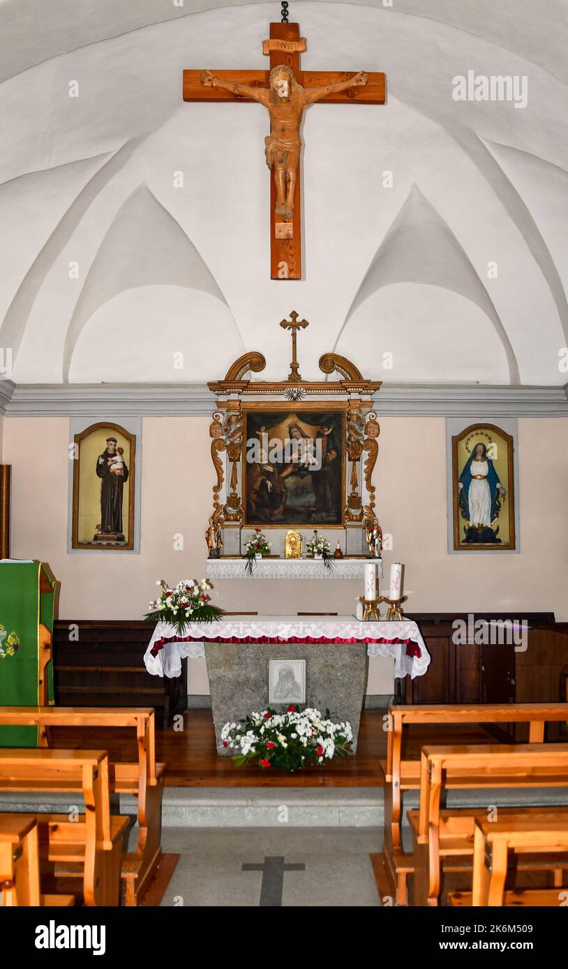 Interior of the ancient chapel of St Margaret in the alpine village of ...
