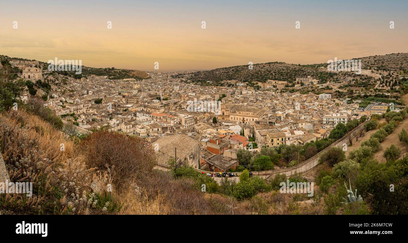 Scicli, Italy: 09-18-2022: Extra wide aerial landscape of Scicli with ...